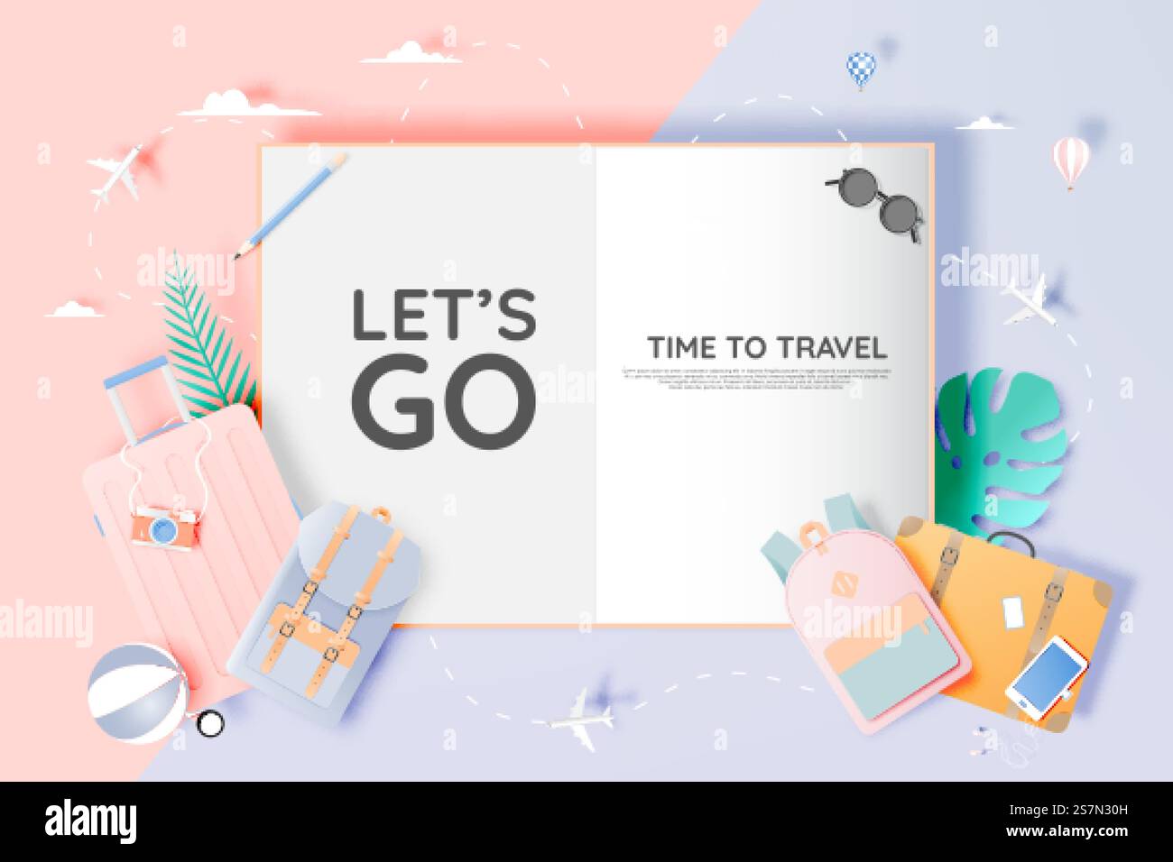 Travel various items in paper art style with pastel color scheme ...