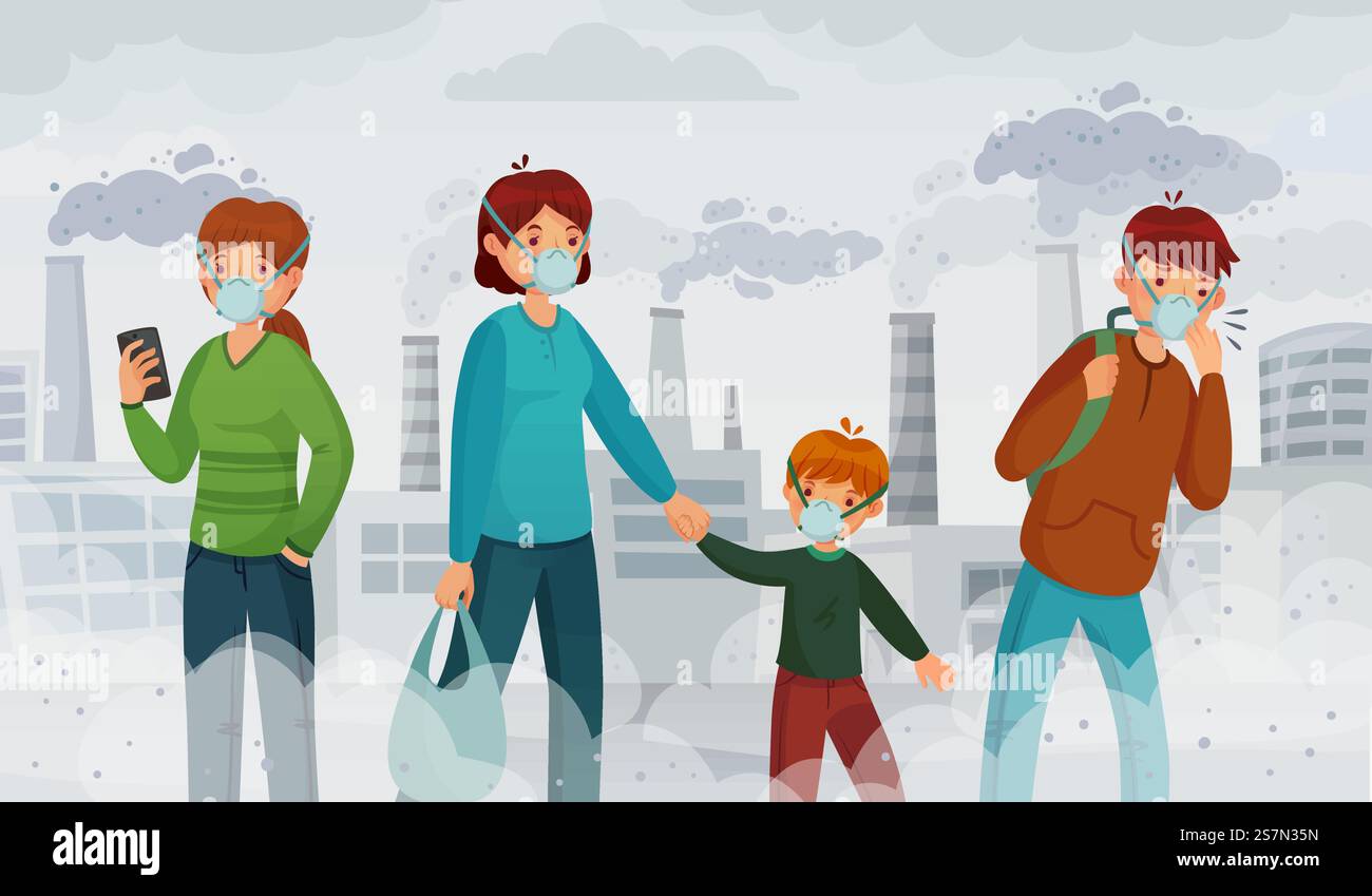 City air pollution. Smog pollutants, suffocation environment and passer ...