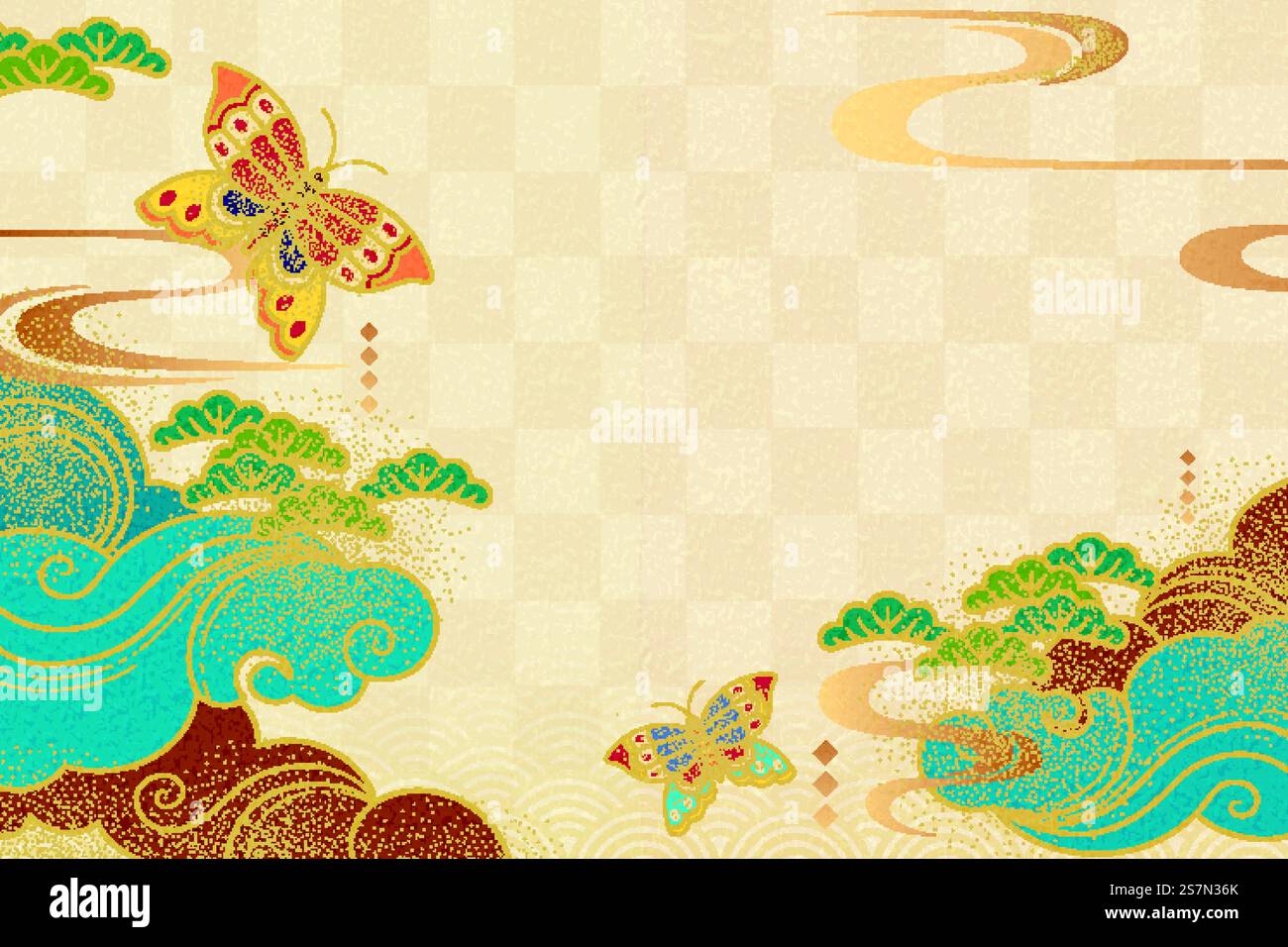 Japanese style background with butterflies and clouds on beige tone ...