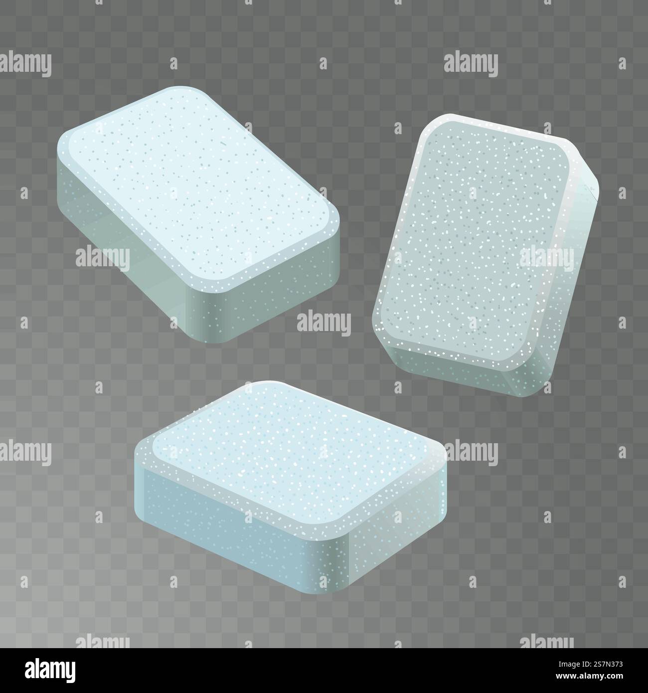 Dishwasher detergent tablet from different angles. White soap tabs isolated on transparent ...