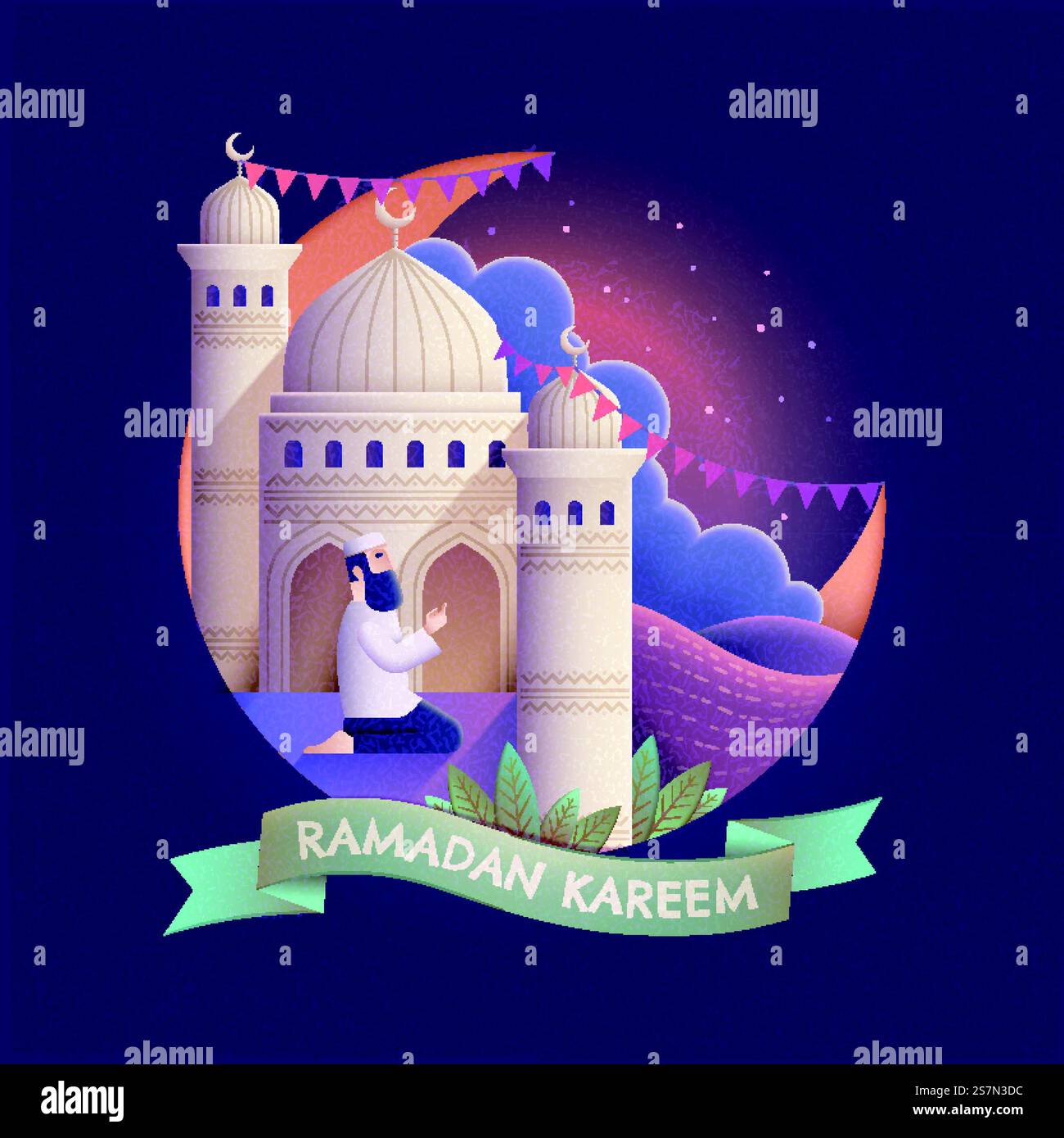 Ramadan Kareem prayer and mosque at night in hand drawn style. Ramadan ...