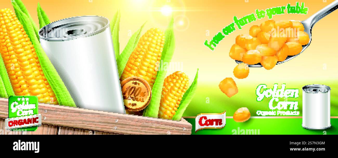 Sweet corn ads with blank tin can and kernels on bokeh green field ...