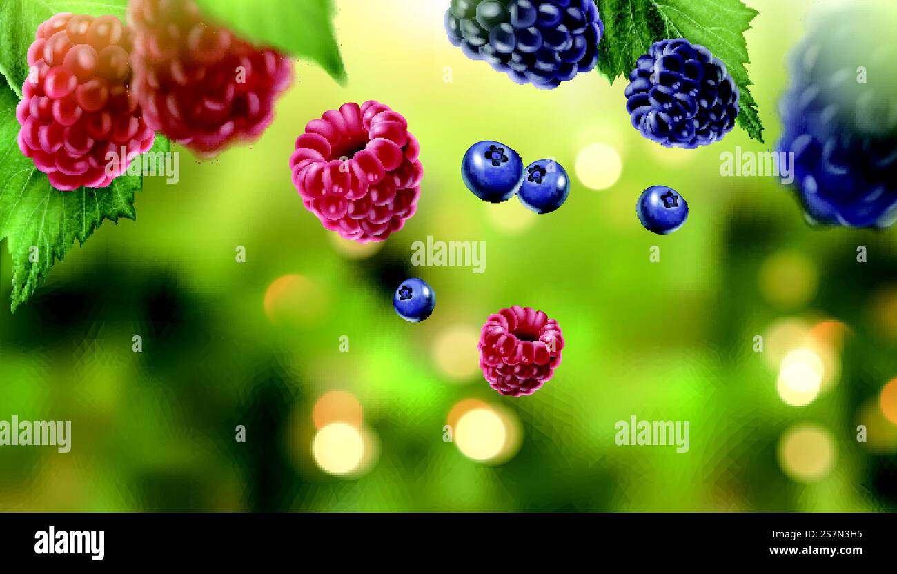 Blue berry and raspberry fruits on glittering green bokeh background in ...