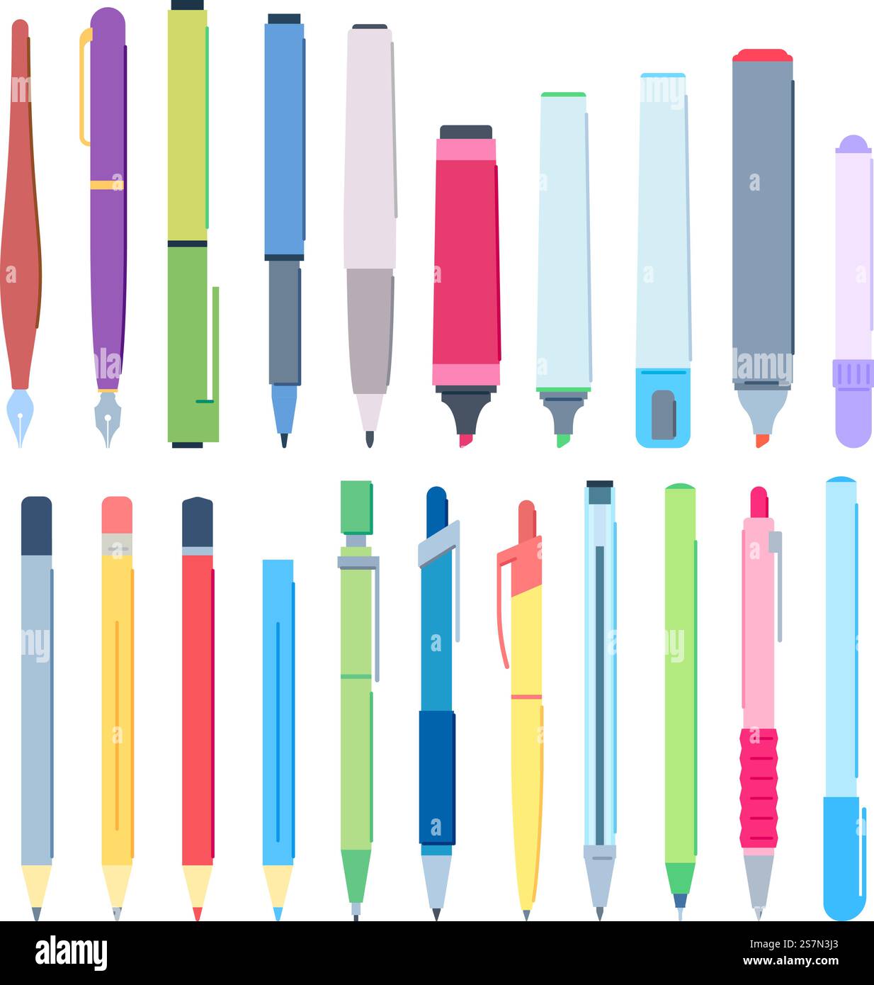 Cartoon pens and pencils. Writing pen, drawing pencil and highlighter ...
