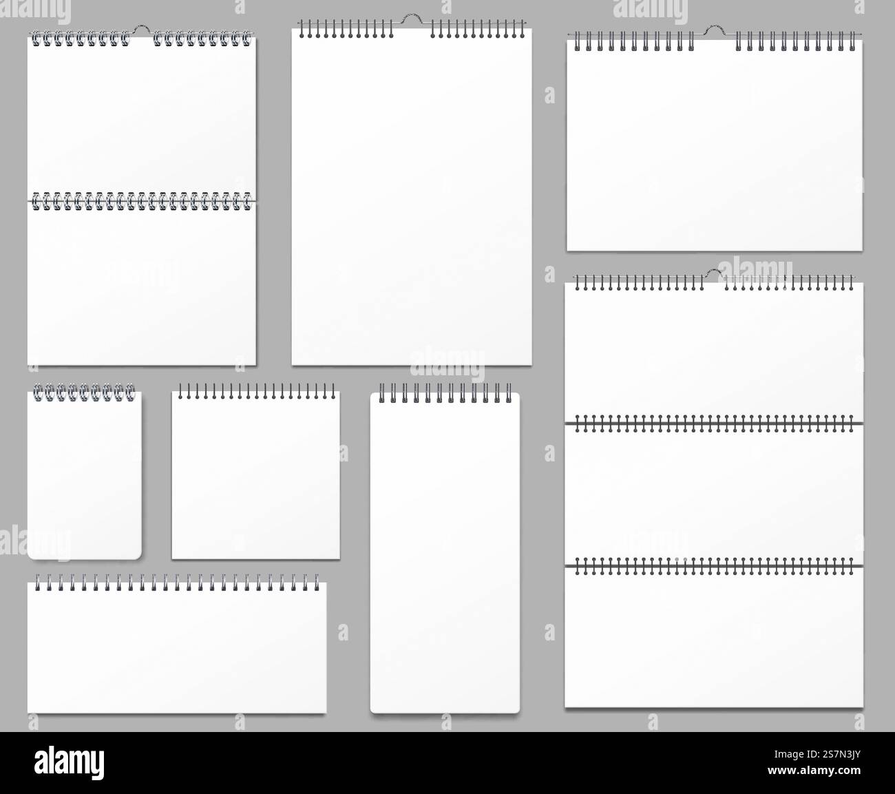 Calendar mockup. Wall calendars binded on metal spiral, hanging notes ...