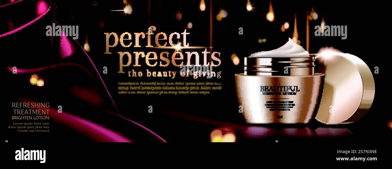 Premium face cream banner ads with scarlet satin and bokeh glistening ...