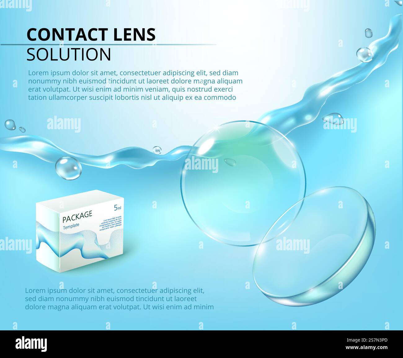 Ads template with realistic contact lens, water splash and medicine ...