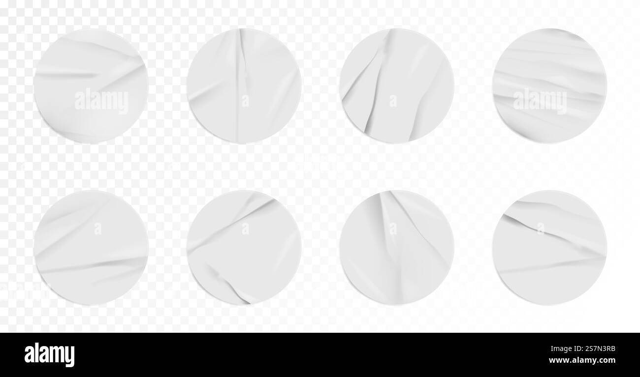 Realistic sticker or label mockup with wrinkled effect set. Three ...