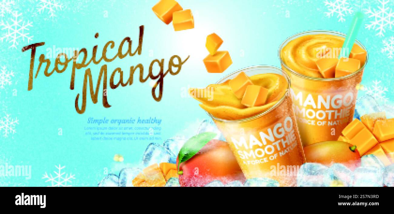 Mango smoothie banner ads with ice cubes on freezing snowflakes ...