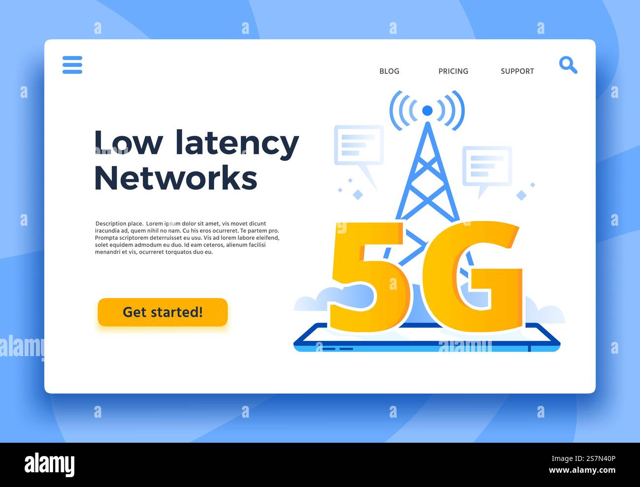 Mobile 5G landing page. Fast internet connection, low latency networks and communication network ...