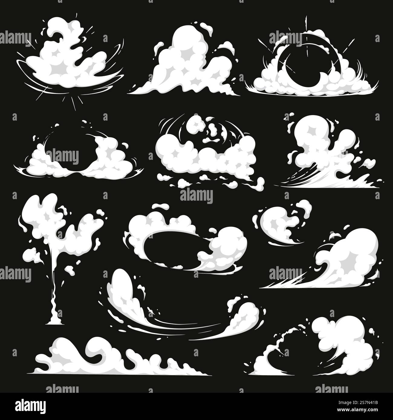 Comic explosion effect set. Vector dust smoke cloud, puff, mist, fog ...