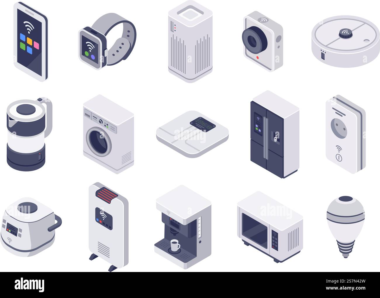 Isometric internet of things devices. Smart watch, household appliances and wireless controlled ...