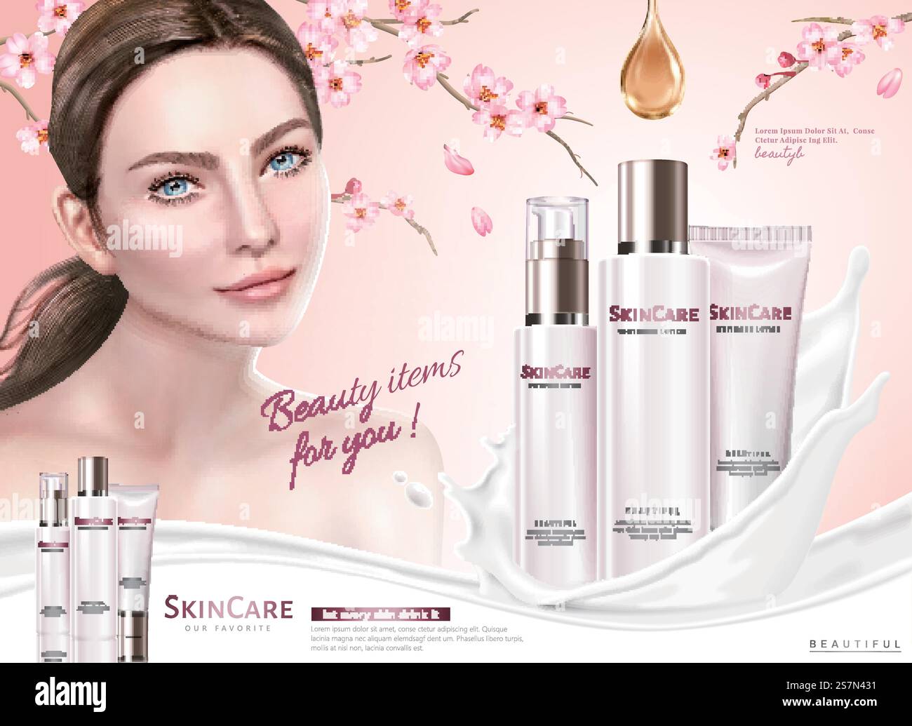 Skin care ads, cosmetic products with splashing creamy texture and sakura elements, 3d ...