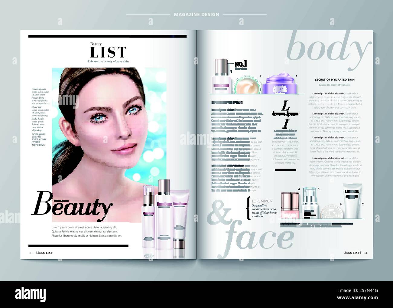 Skin care magazine, cosmetic products with attractive model in 3d ...