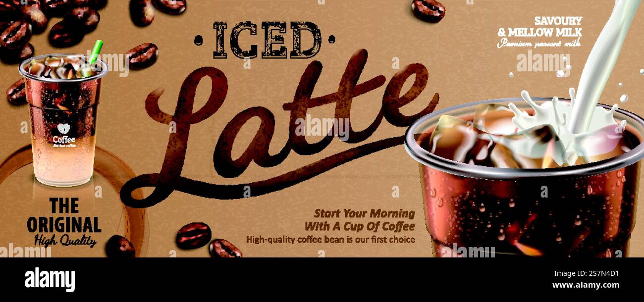 Iced latte banner ads in 3d illustration, coffee on kraft paper ...
