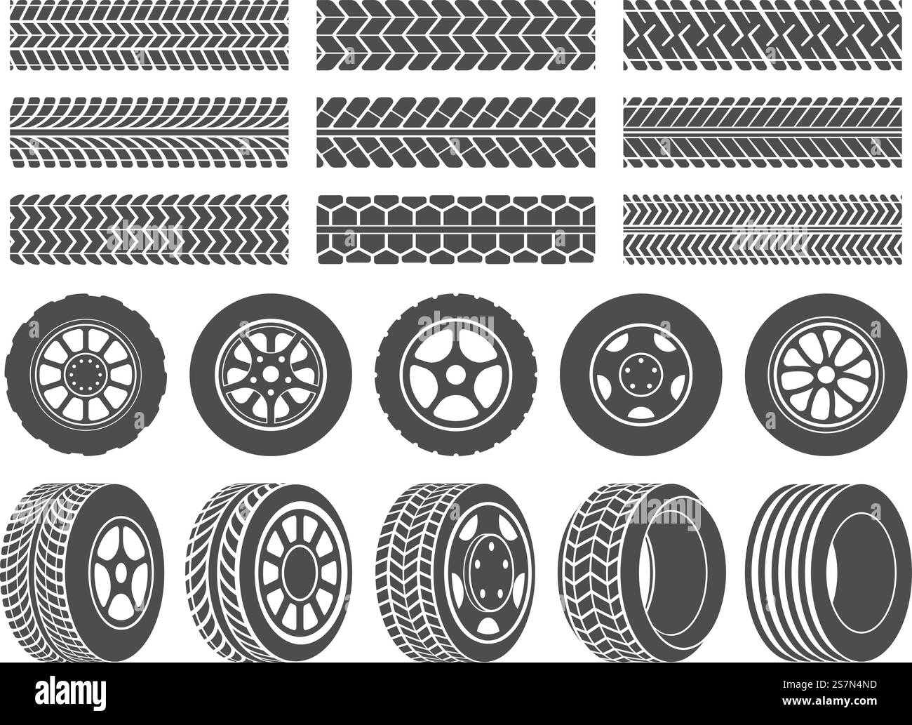Wheel tires. Car tire tread tracks, motorcycle racing wheels icons and ...