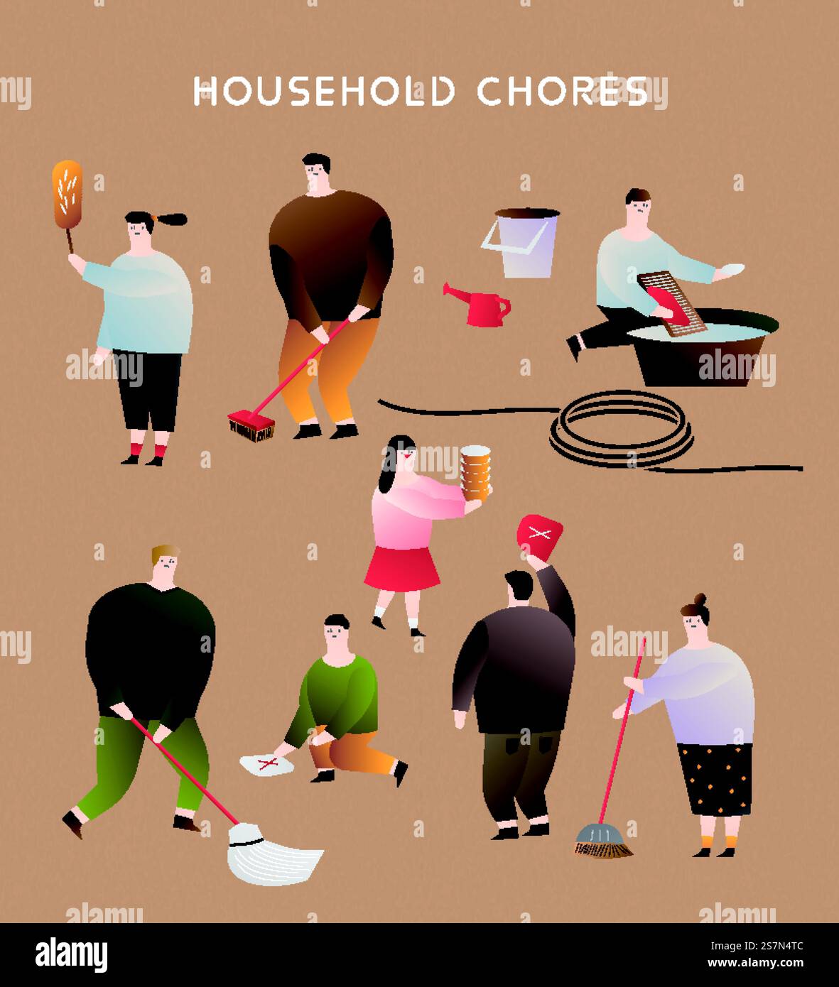 People doing household chores in flat design. People doing household ...
