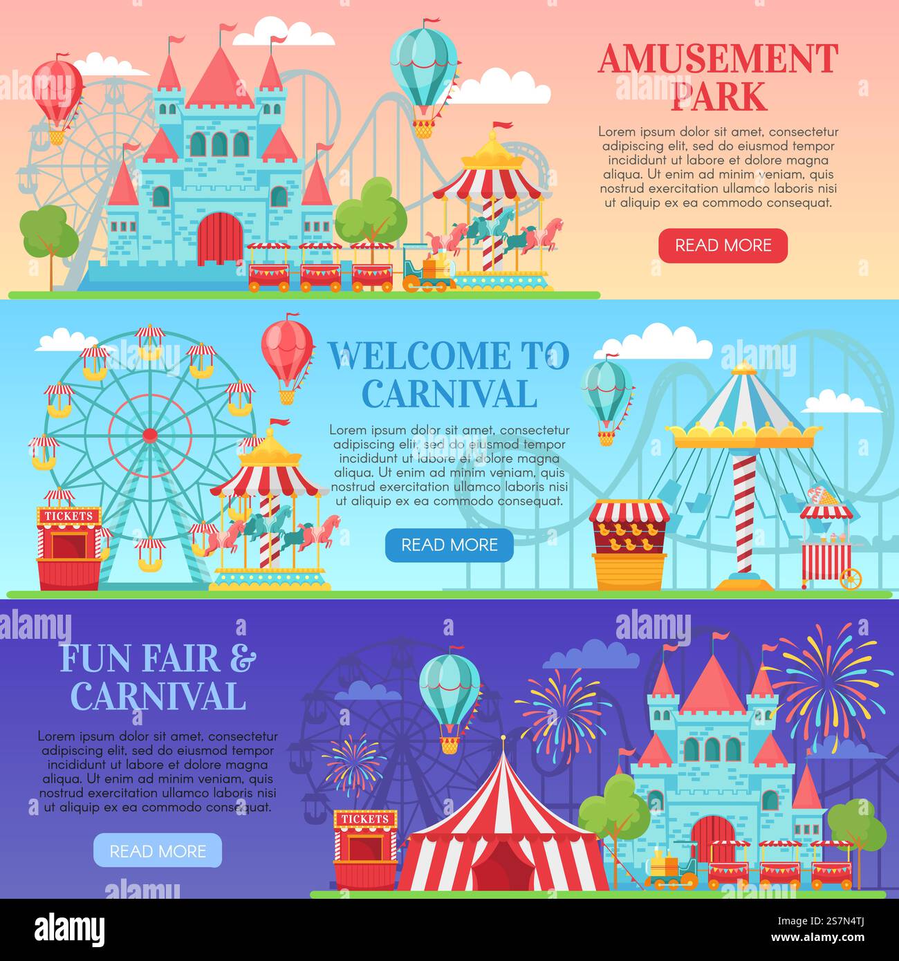 Amusement park banner. Amusing festival attractions, kids carousel and ...