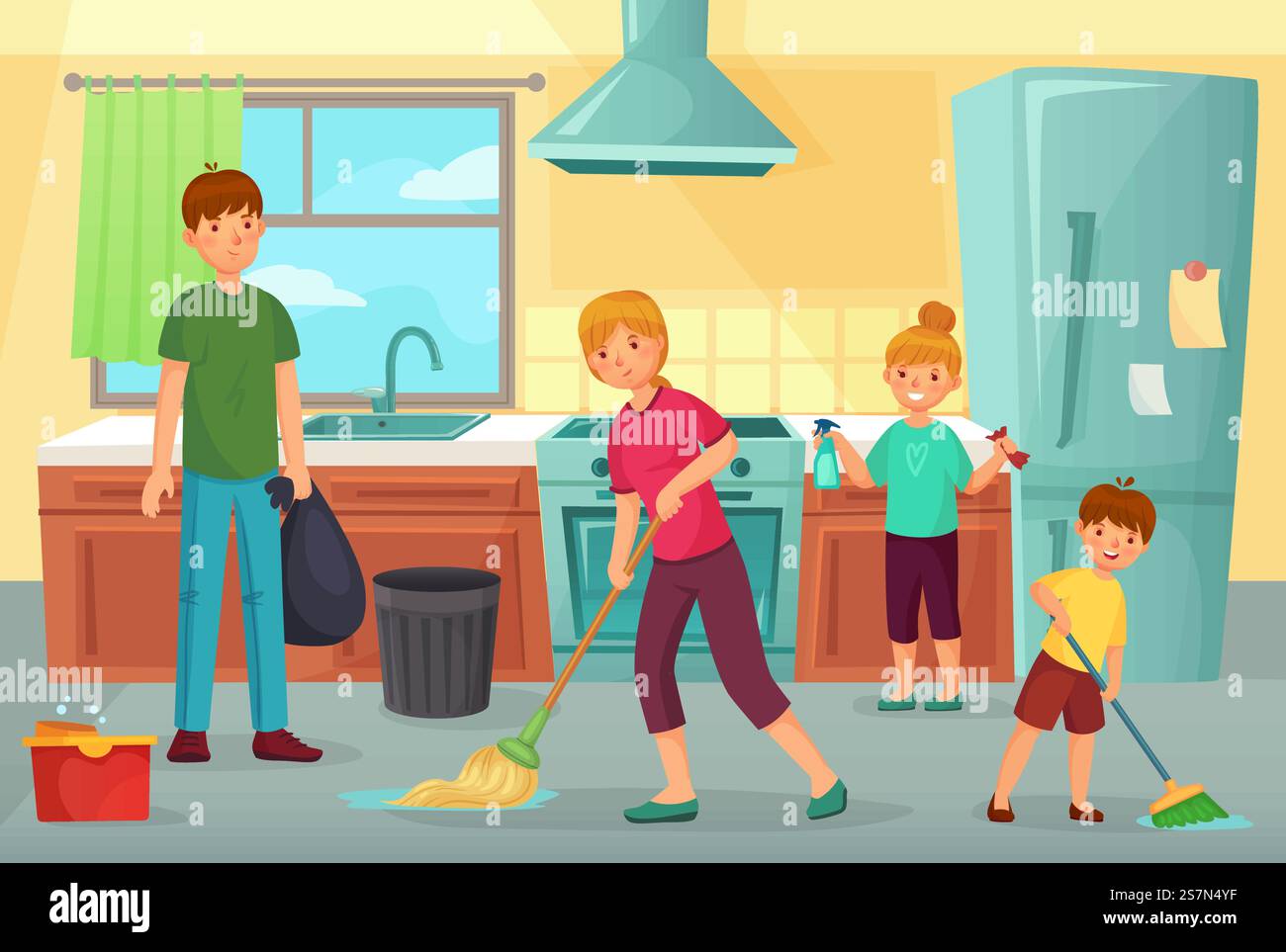 Family cleaning kitchen. Father, mother and kids clean cuisine together ...