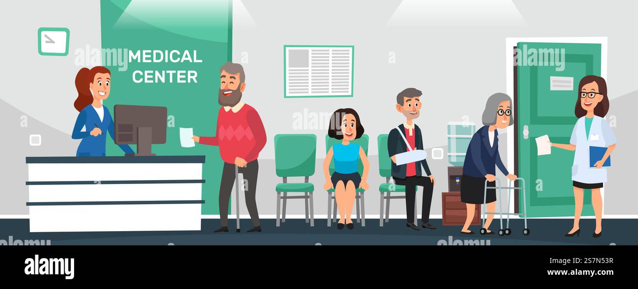 Clinic reception. Hospital patients, doctor waiting room and people wait doctors medical care ...