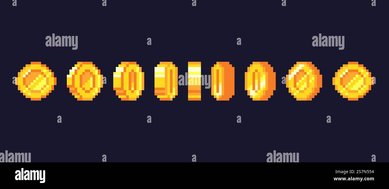 Pixel game coins animation. Golden pixelated coin animated frames ...