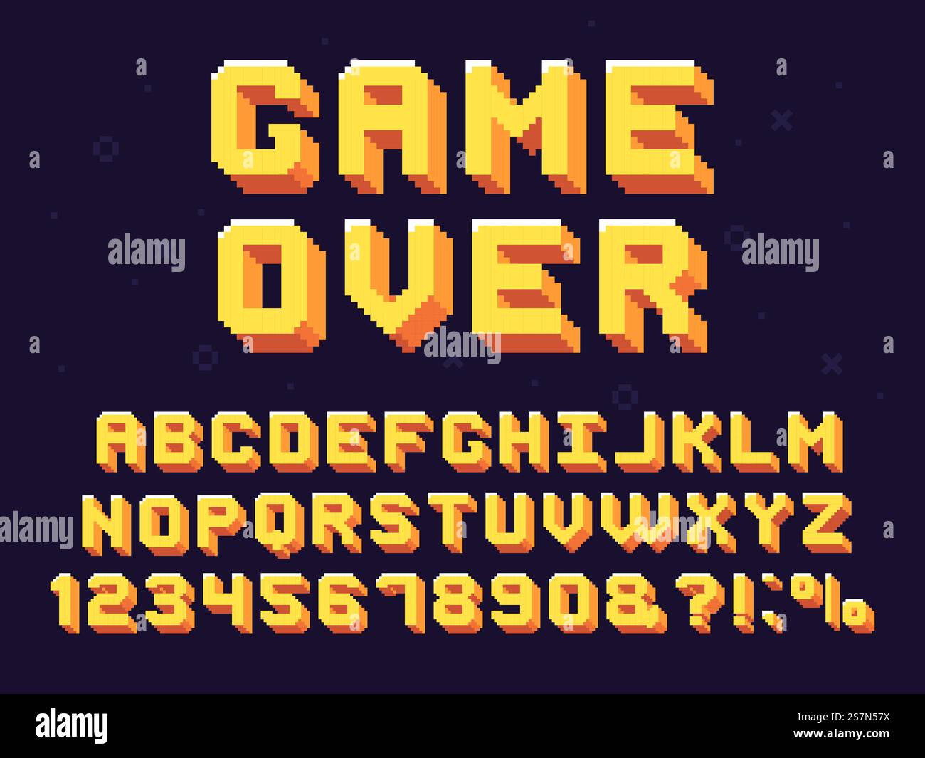 Pixel game font. Retro games text, 90s gaming alphabet and 8 bit computer graphic letters ...