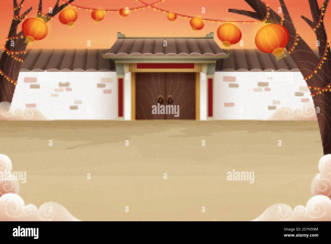 Traditional chinese countryside architecture illustration with white ...