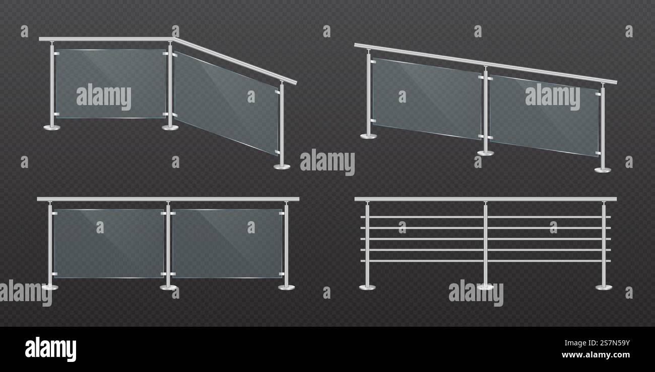 Glass fence section with steel railing. Transparent acrylic fencing ...