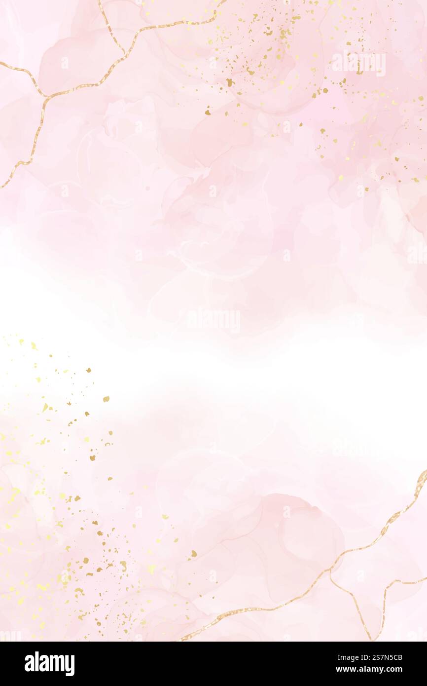 Abstract dusty blush liquid watercolor background with golden crackers ...