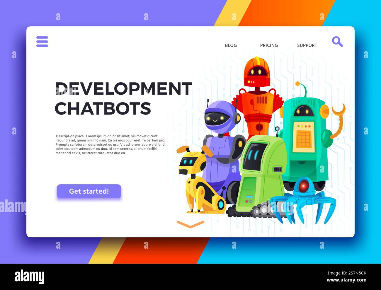 Chatbots development. Digital chatbot assistant, friendly robots and ...