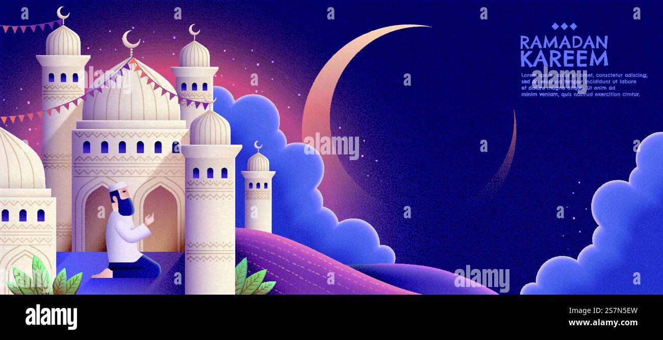Ramadan Kareem prayer and mosque at night in hand drawn style banner ...