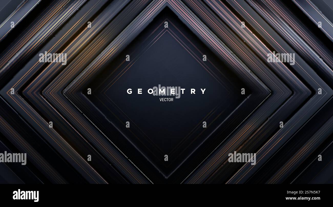 Black square shapes with golden anisotropic effect. Abstract geometric background. Vector 3d ...