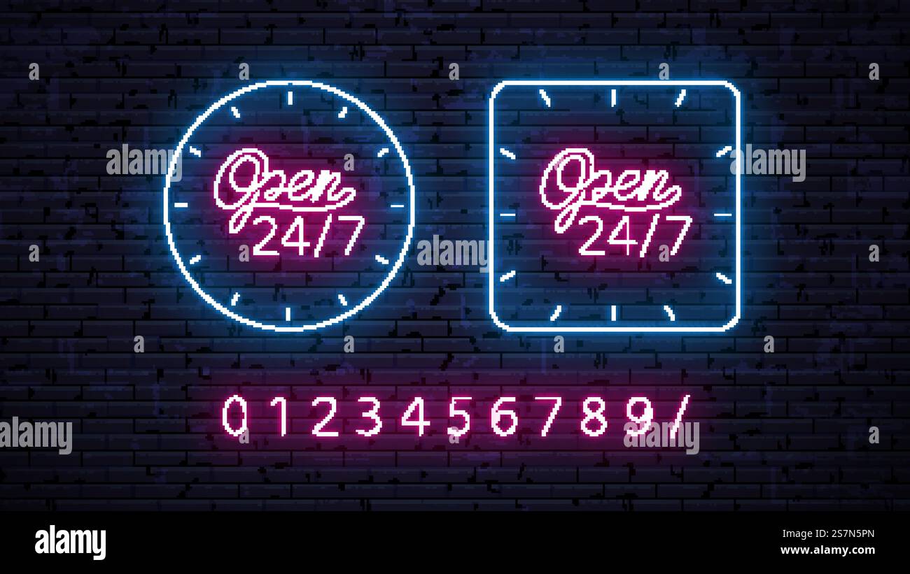 Set of neon signs - open 24 hours 7 days a week, around the clock, with ...
