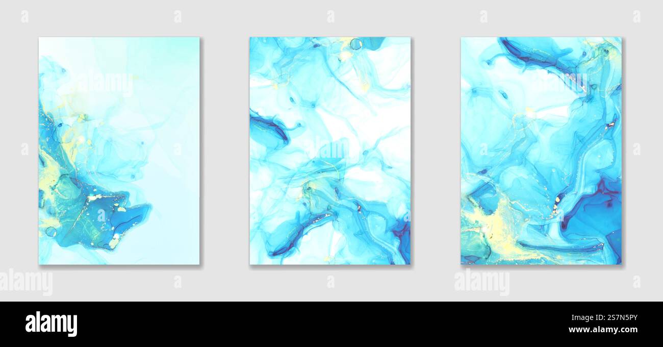 Abstract blue liquid watercolor background with golden stains. Alcohol ...