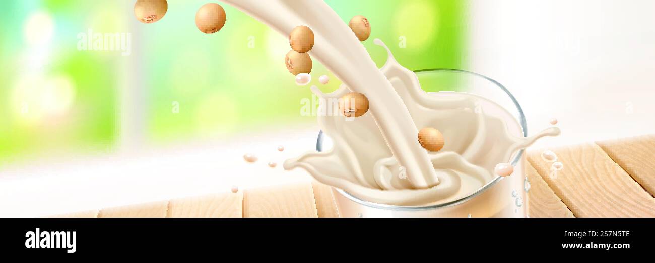 Soy milk background, soy milk pouring down in to glass cup in 3d ...
