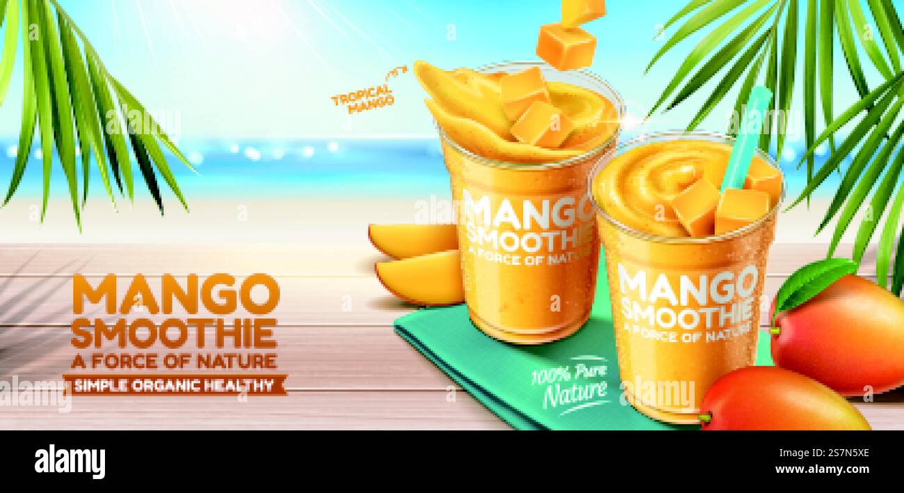 Mango smoothie banner ads on bokeh beach background in 3d illustration ...