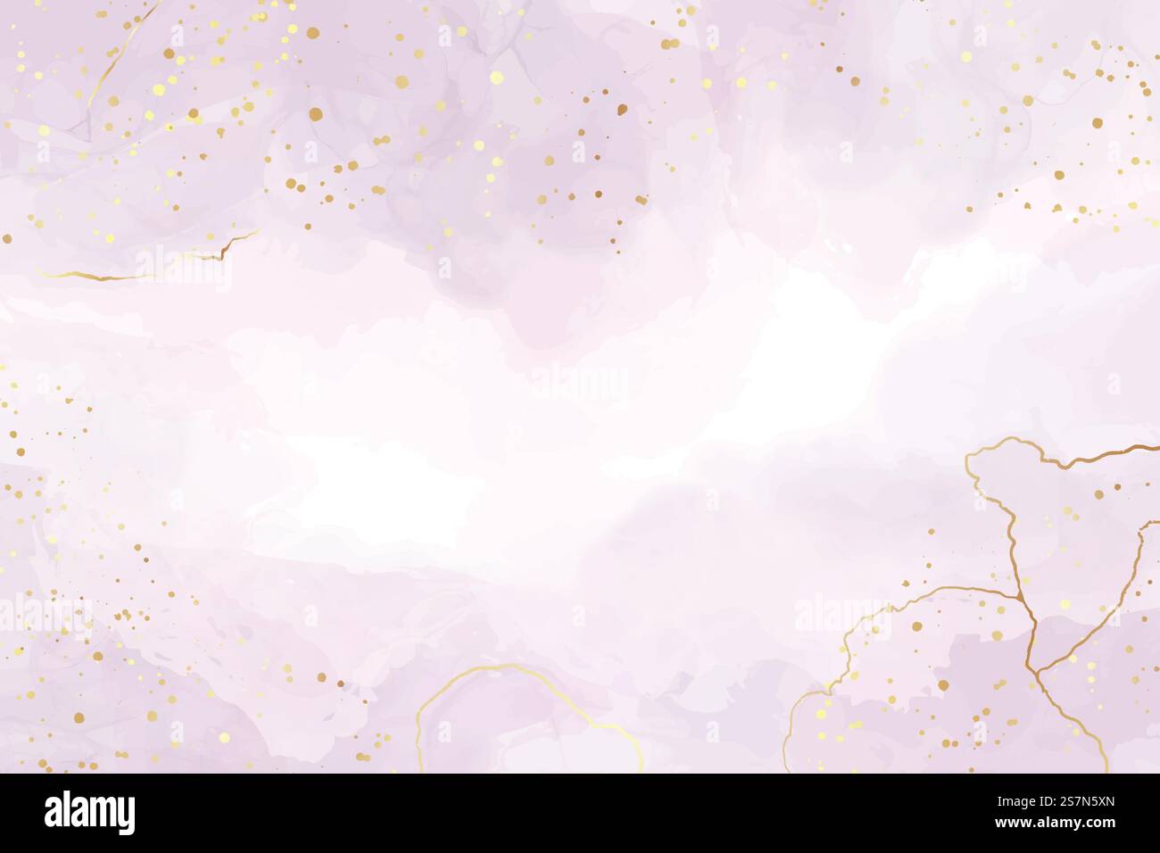 Abstract violet liquid watercolor background with golden stains and ...
