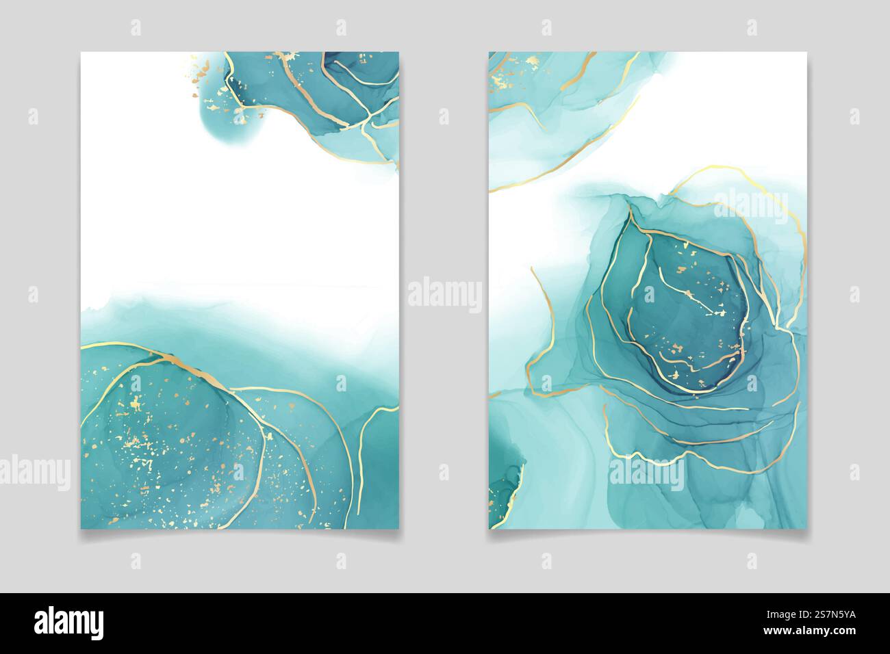 Teal blue and mint colored liquid watercolor background with gold ...