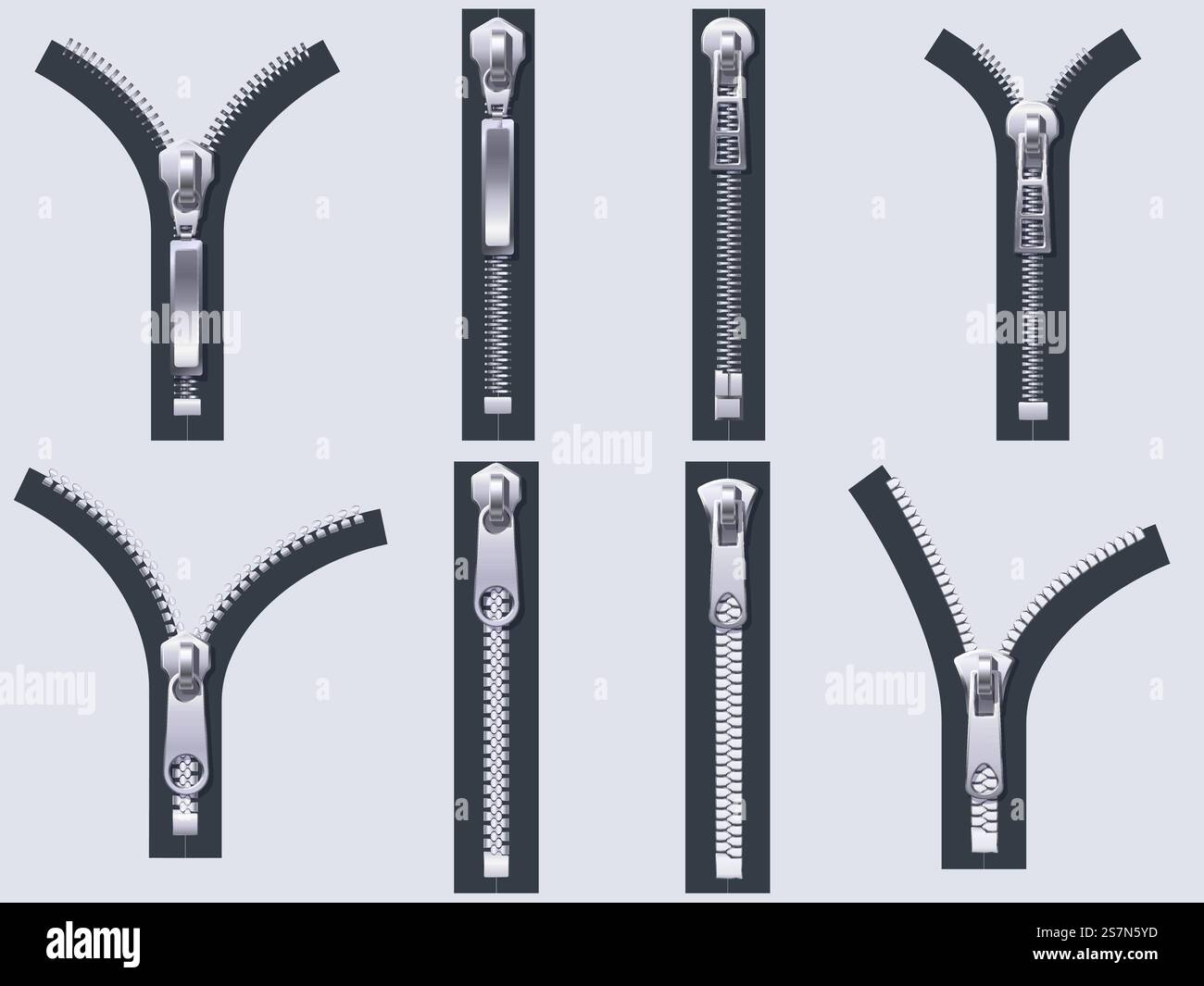 Open and closed zipper. Metal zip pulls, fabric unzip clasp and cloth zippers. Unzipping clothes ...