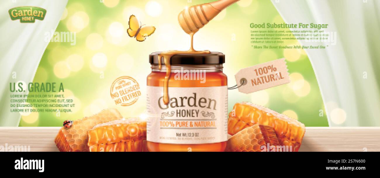 Nature honey banner ads with honeycomb and liquid dripping down from ...