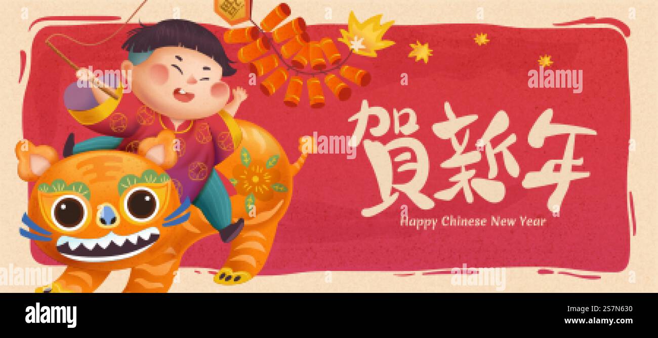 Kid riding on traditional orange tiger and holding firecrackers ...
