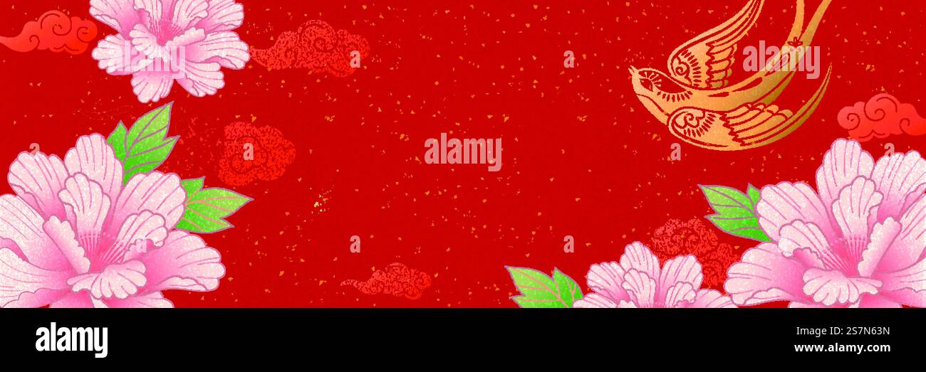 Lunar year banner design with gold swallow and pink peony flowers ...