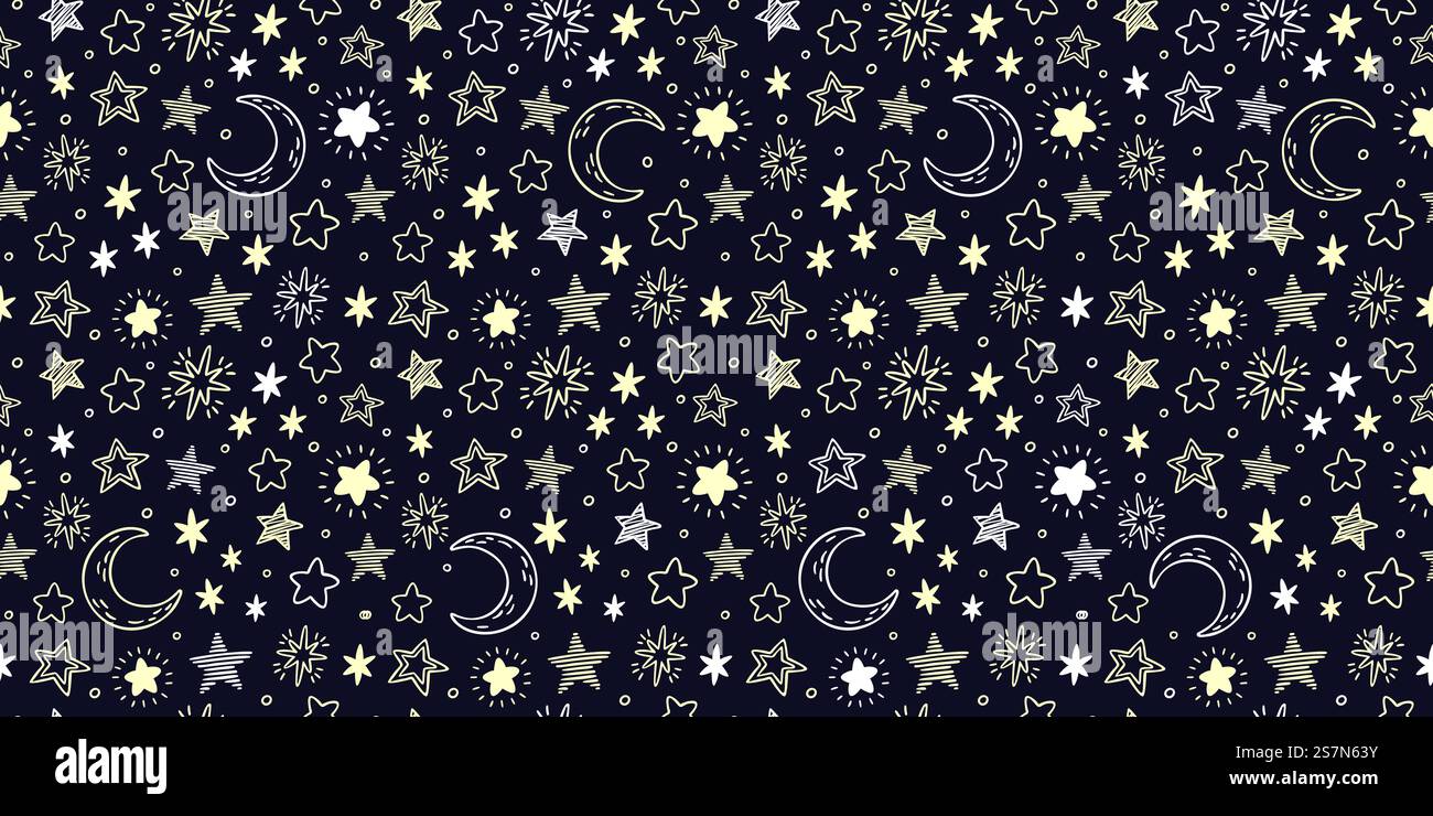 Star pattern. Starry sky, crescent moon and bright yellow stars ...