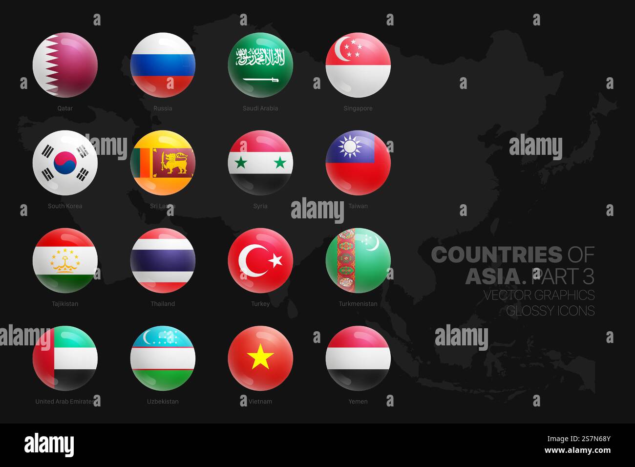 Asian Countries Flags Glossy Round Icons Set Isolated On Black ...