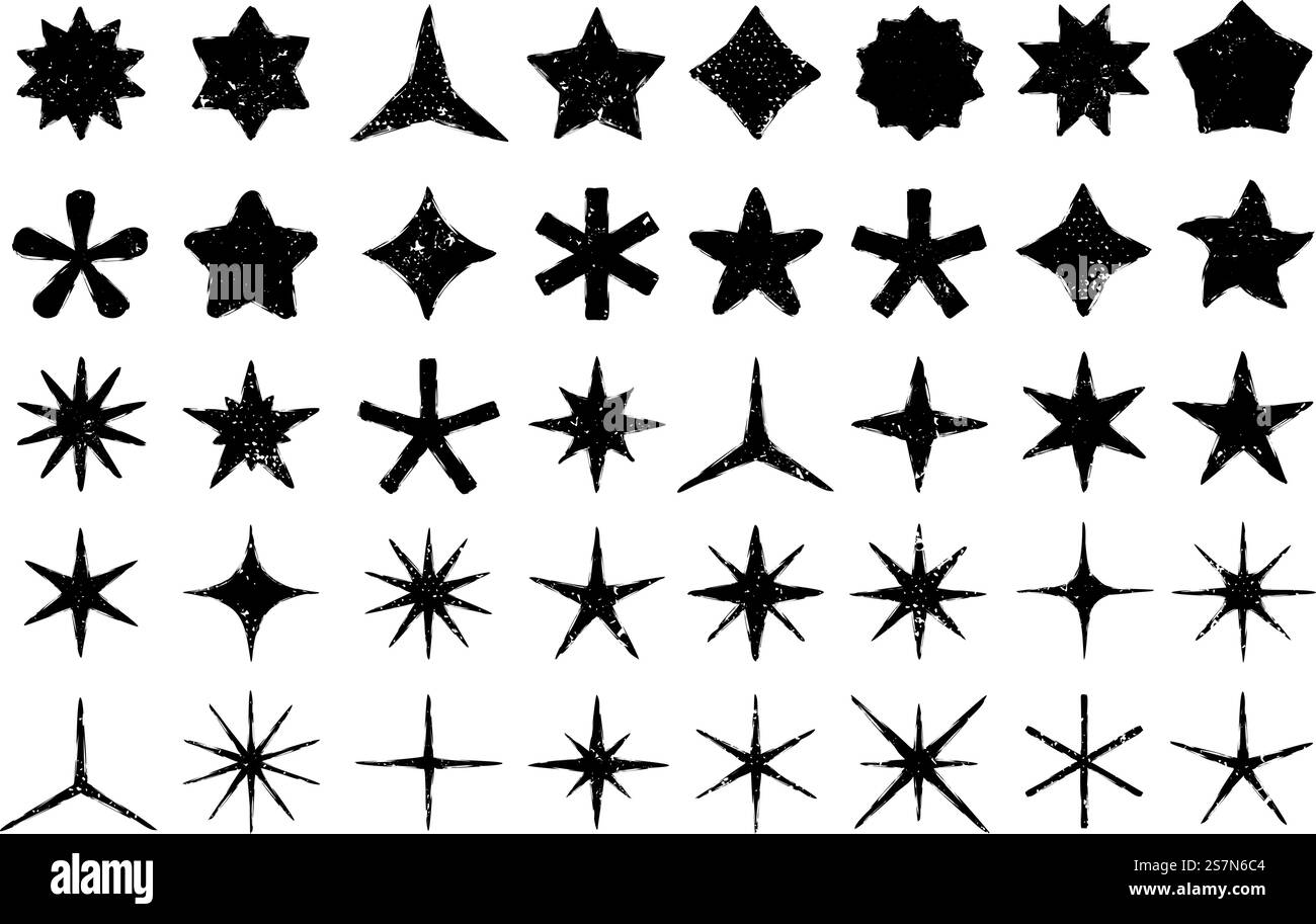 Grunge stars. Hand drawn star, starry doodle and textured favorites ...