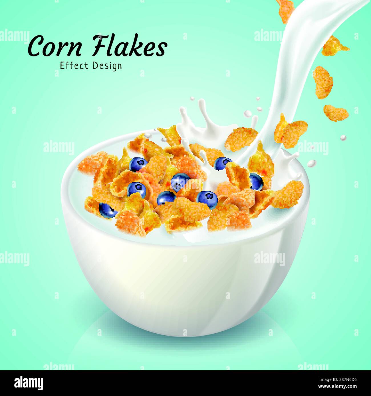 Corn flakes with blueberry and milk pouring down into bowl, 3d ...