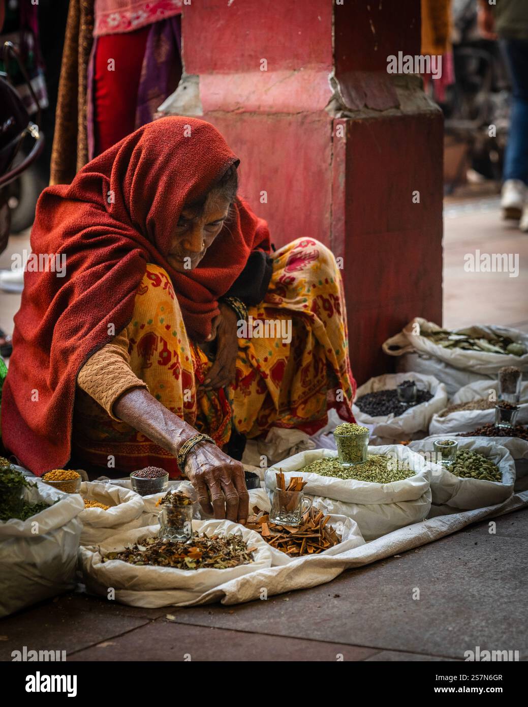 Older lady selling spices on the street of Delhi Stock Photo - Alamy