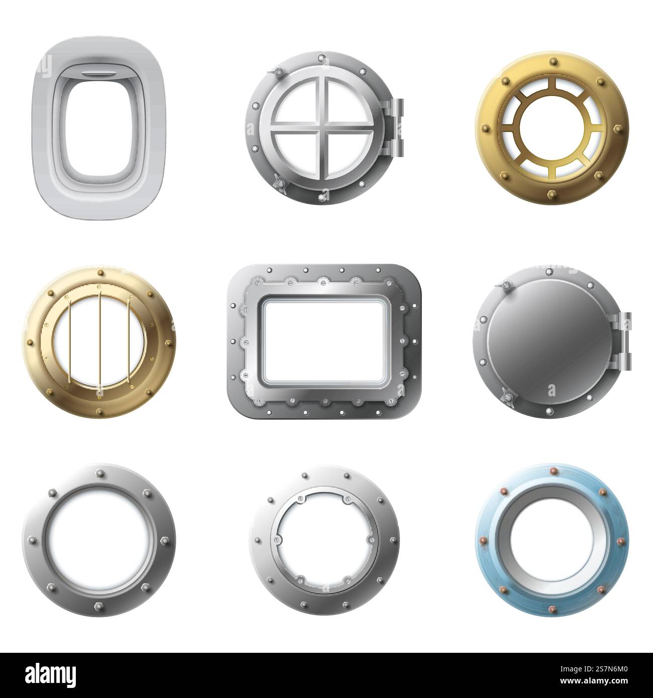 Realistic porthole. Airplane portholes, metal submarine cabin window ...