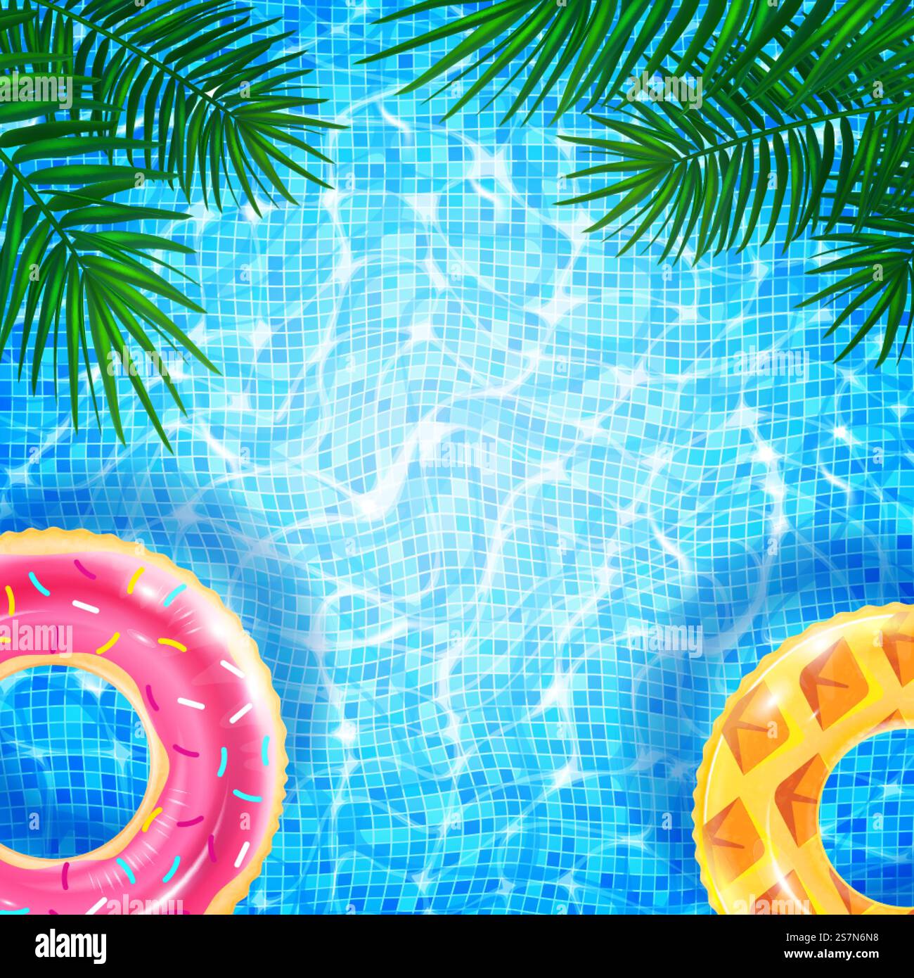 Swimming pool with floating ring, caustic ripple and sunlight glare effect. Aquatic surface with ...