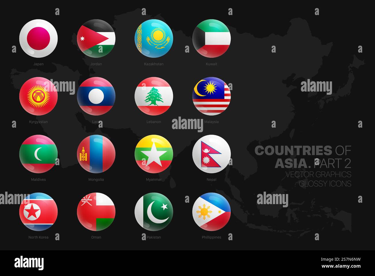 Asian Countries Flags Glossy Round Icons Set Isolated On Black ...
